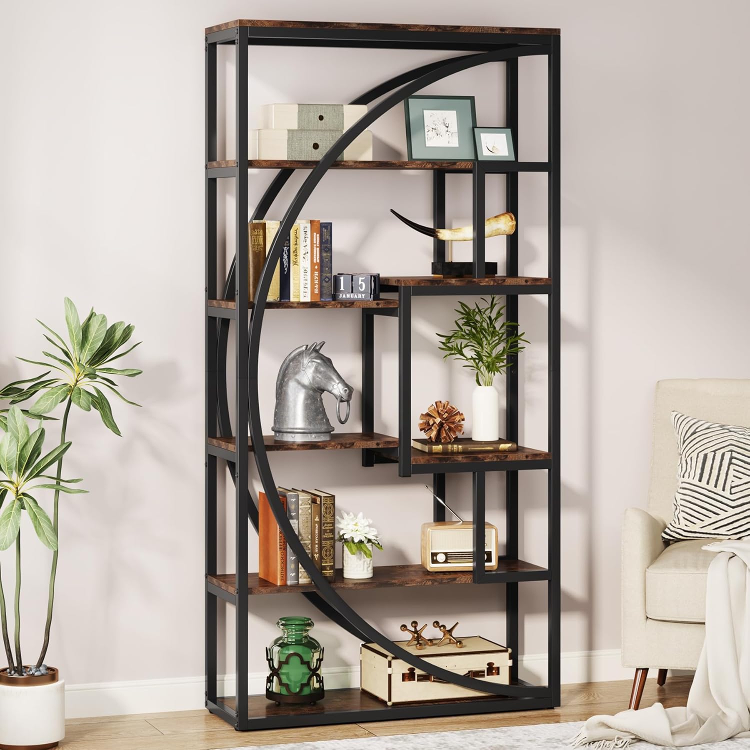 180CM Tall Bookcase, Industrial Bookshelf with 8 Open Storage Shelf ...